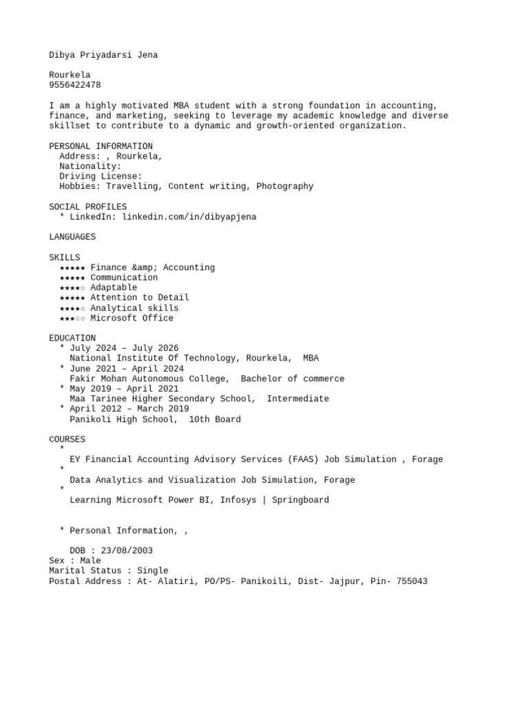 Dibya Priyadarsi Jena - Resume | PDF