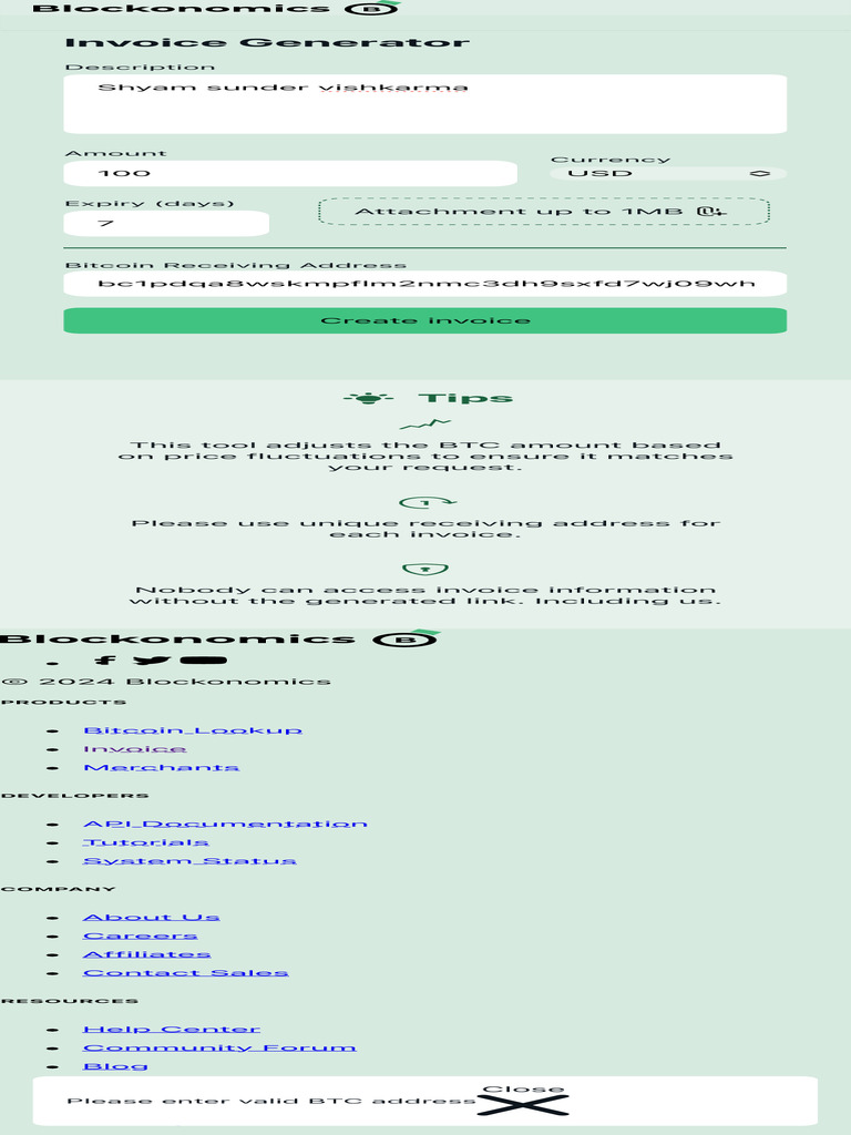 Blockonomics - Create Bitcoin Invoice | PDF