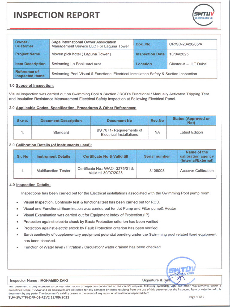 Swimming Pool Electrical Safety Inspection Report | PDF