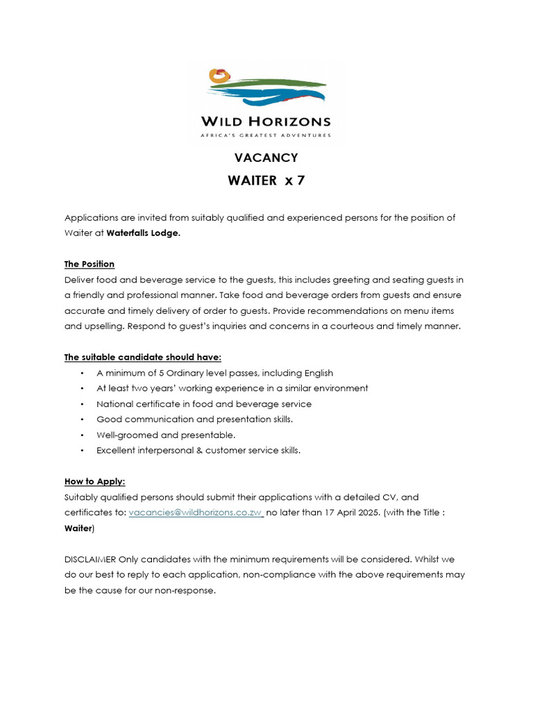 Waiter Vacancy | PDF