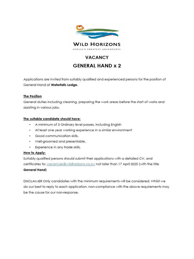 General Hand Vacancies at Waterfalls Lodge | PDF
