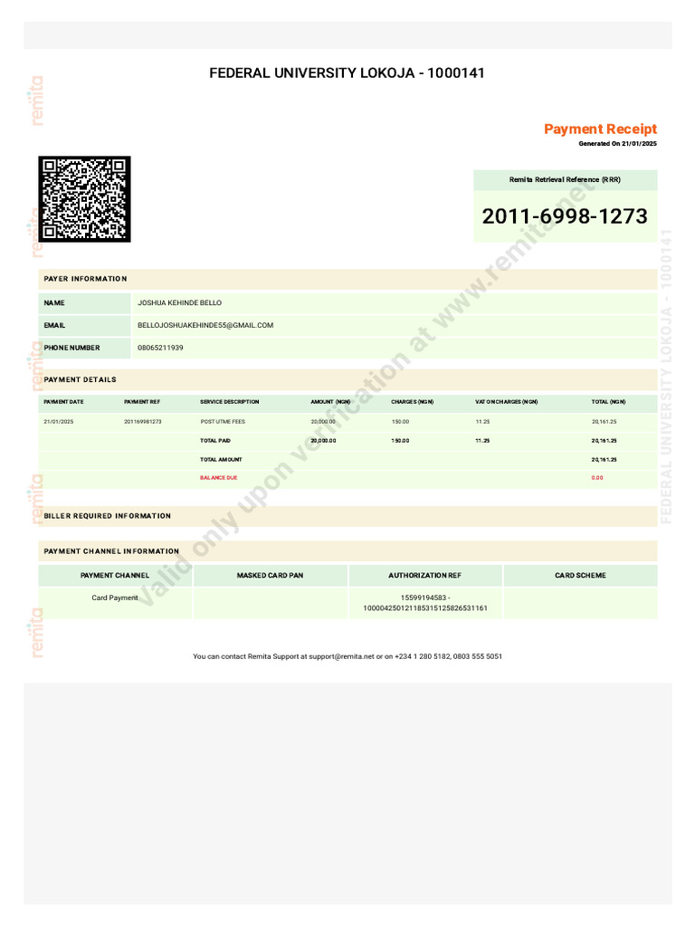 Lokoja Remita Acceptance Fee Invoice | PDF | Payments | Banking Technology