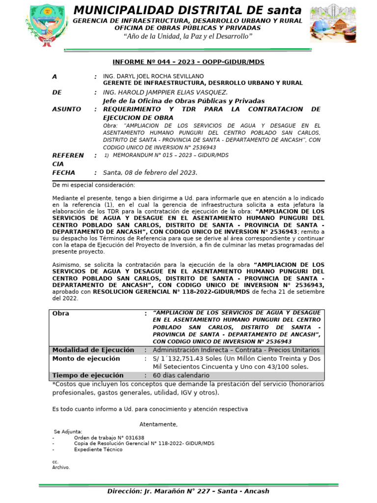 Informe 044-2023 - TDR Agua y Desague en El Aa - Hh. Punguri - C.P. San Carlos - Febrero 2023 ...