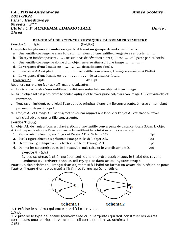 Devoir de Sciences Physiques 3ème 2021/2022 | PDF | Œil humain ...