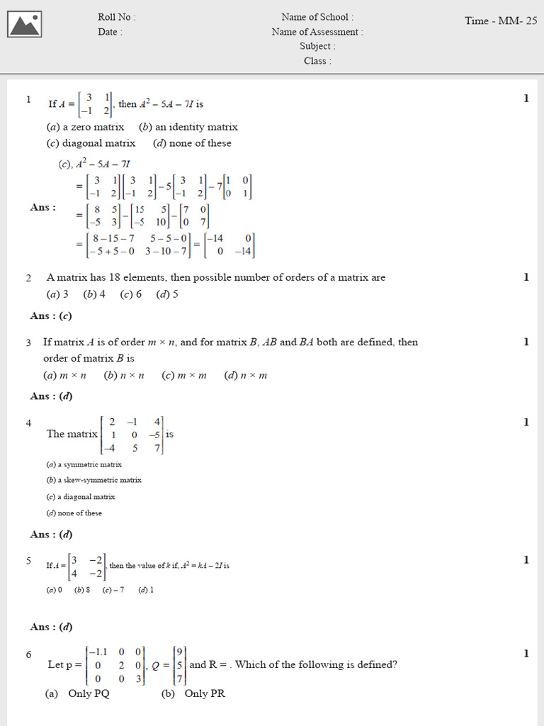 Algebra Test Questions and Answers | PDF | Matrix (Mathematics ...