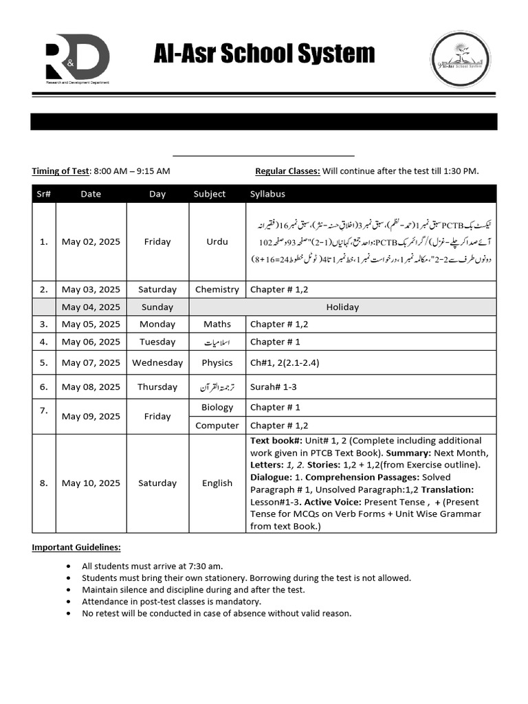 9th Class Monthly Test Schedule 2025 | PDF | Grammar | Linguistics