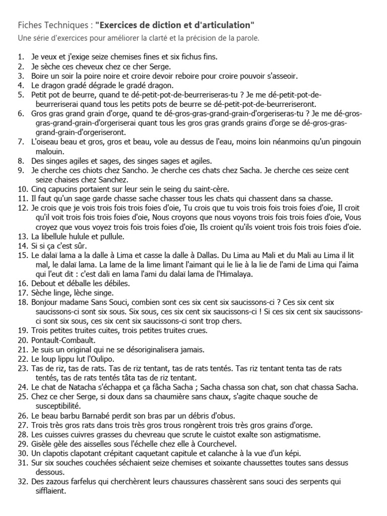 Fiche Technique - Exercices de Diction | PDF | Zoologie