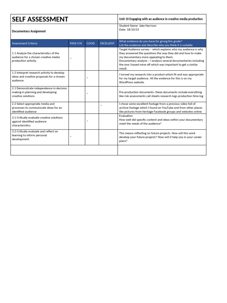 SELF ASSESSMENT Template | PDF | Target Audience | Communication