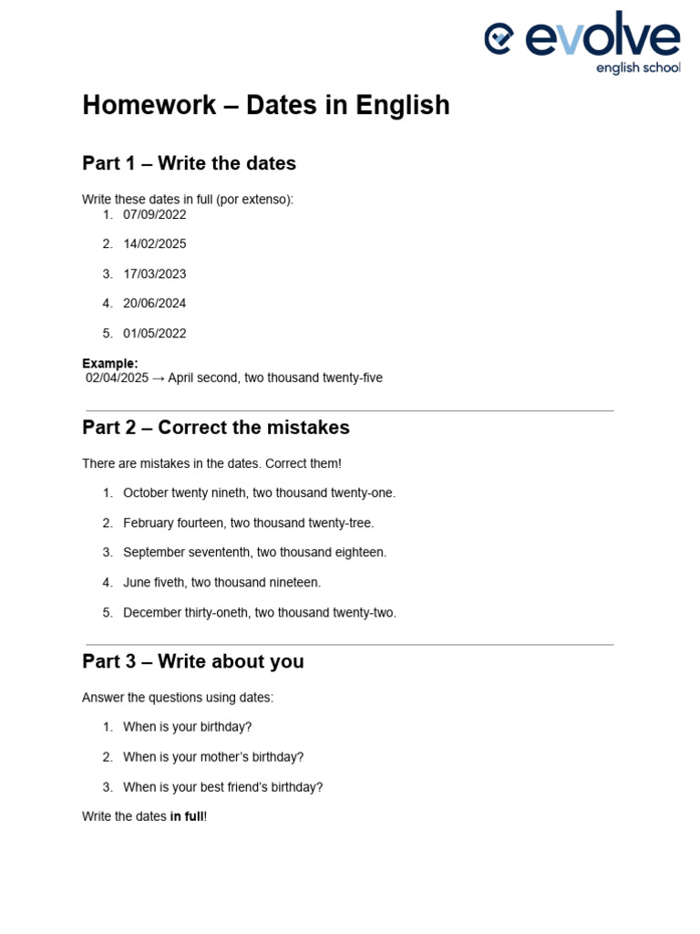 Homework - Dates in English | PDF