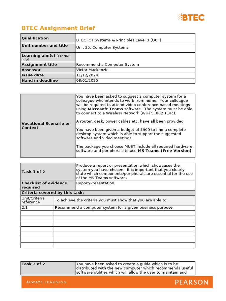 1.3 and 2.1 - BTEC - Assignment - Brief | PDF | Computing | Software