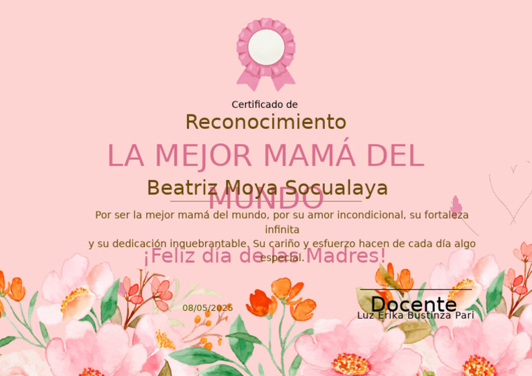 Certificado de Reconocimiento Día de Las Madres Moderno Floral Rosa | PDF