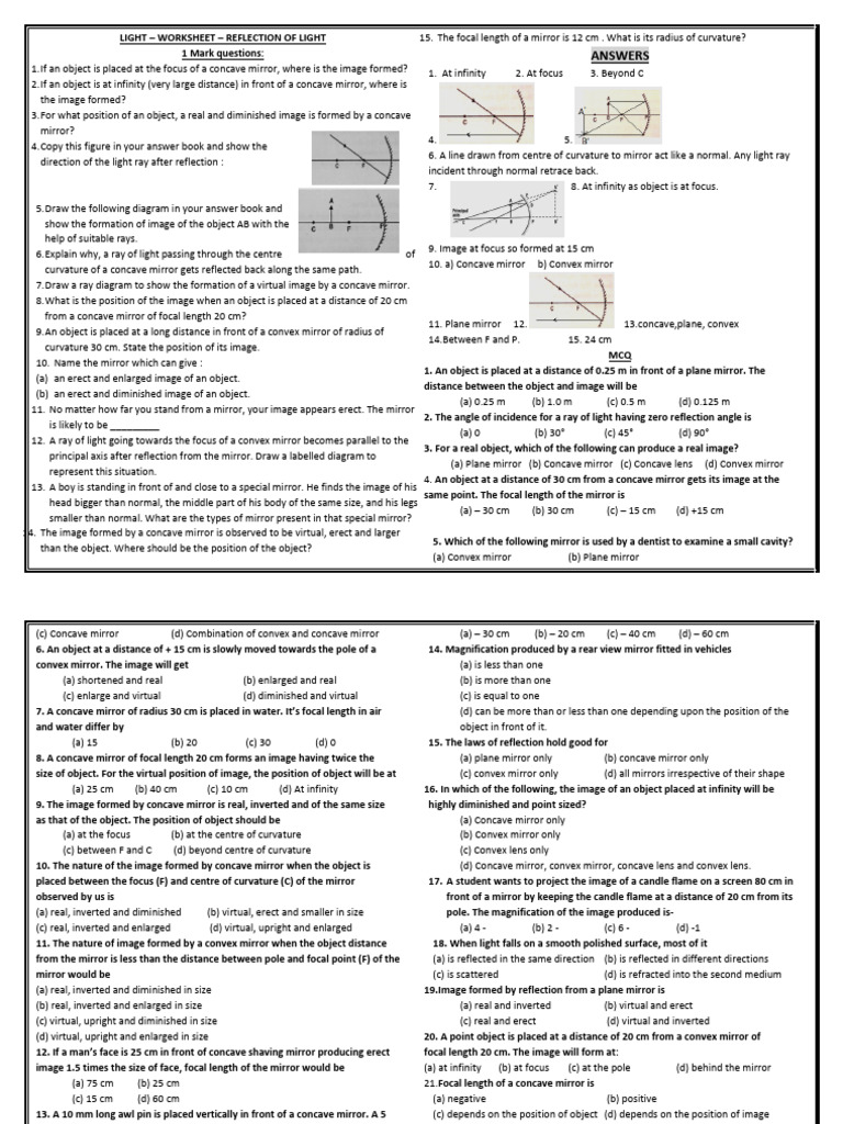 LIGHT Worksheet - Reflection | PDF | Mirror | Light