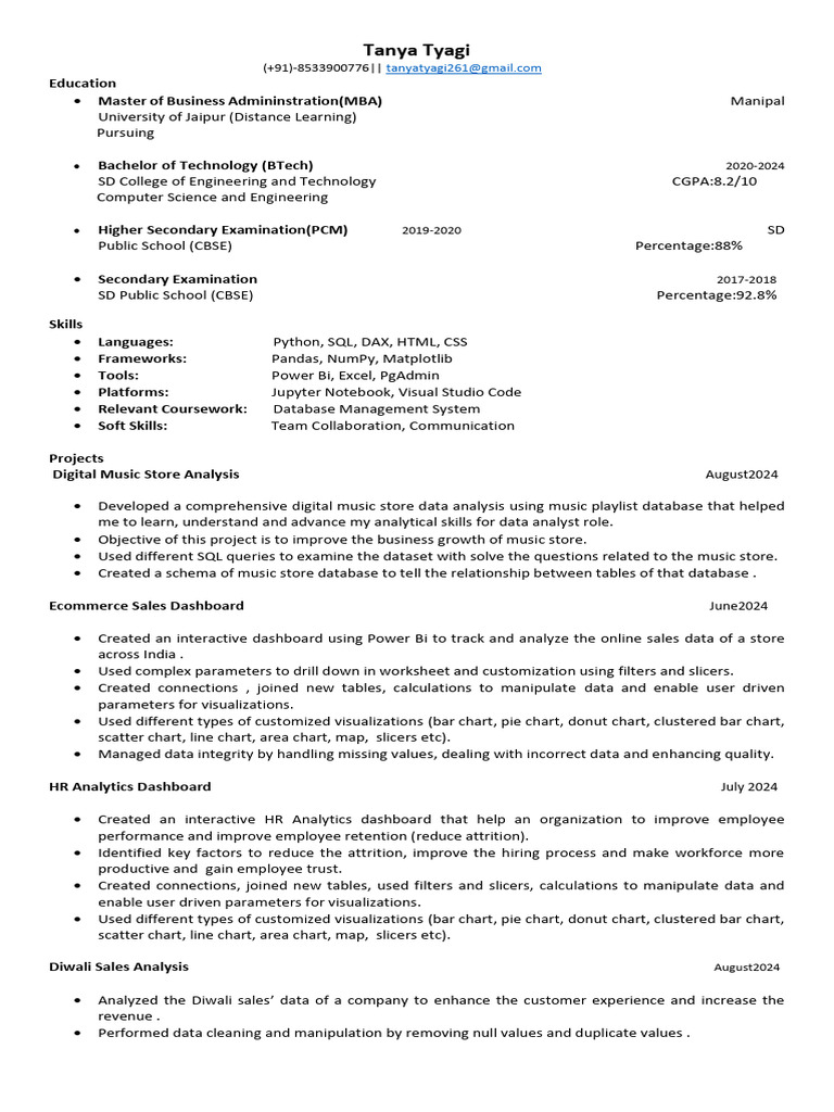 Tanya Tyagi Data Analyst Resume | PDF | Databases | Data Analysis