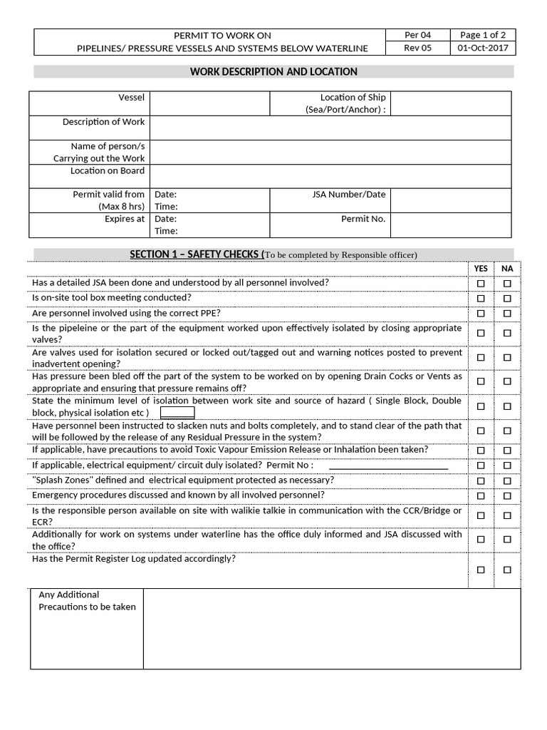 Per 04 - Permit To Work On Pipelines Pressure Vessels and Systems Below ...