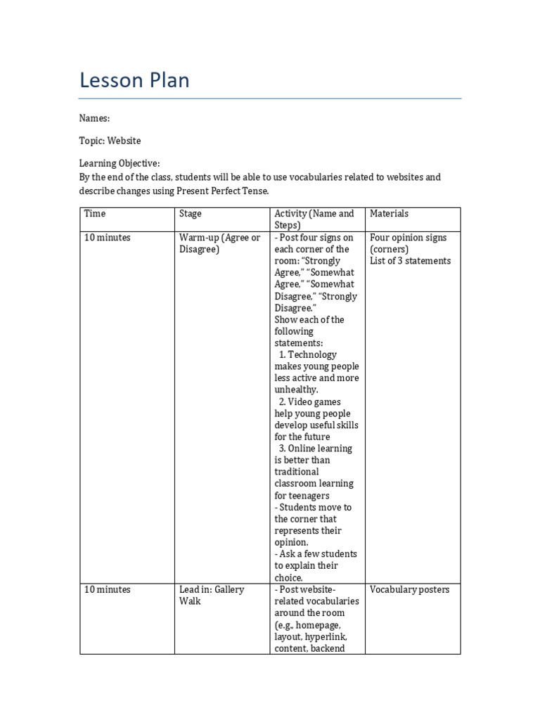 Website Lesson Plan | PDF | Vocabulary | Lesson Plan