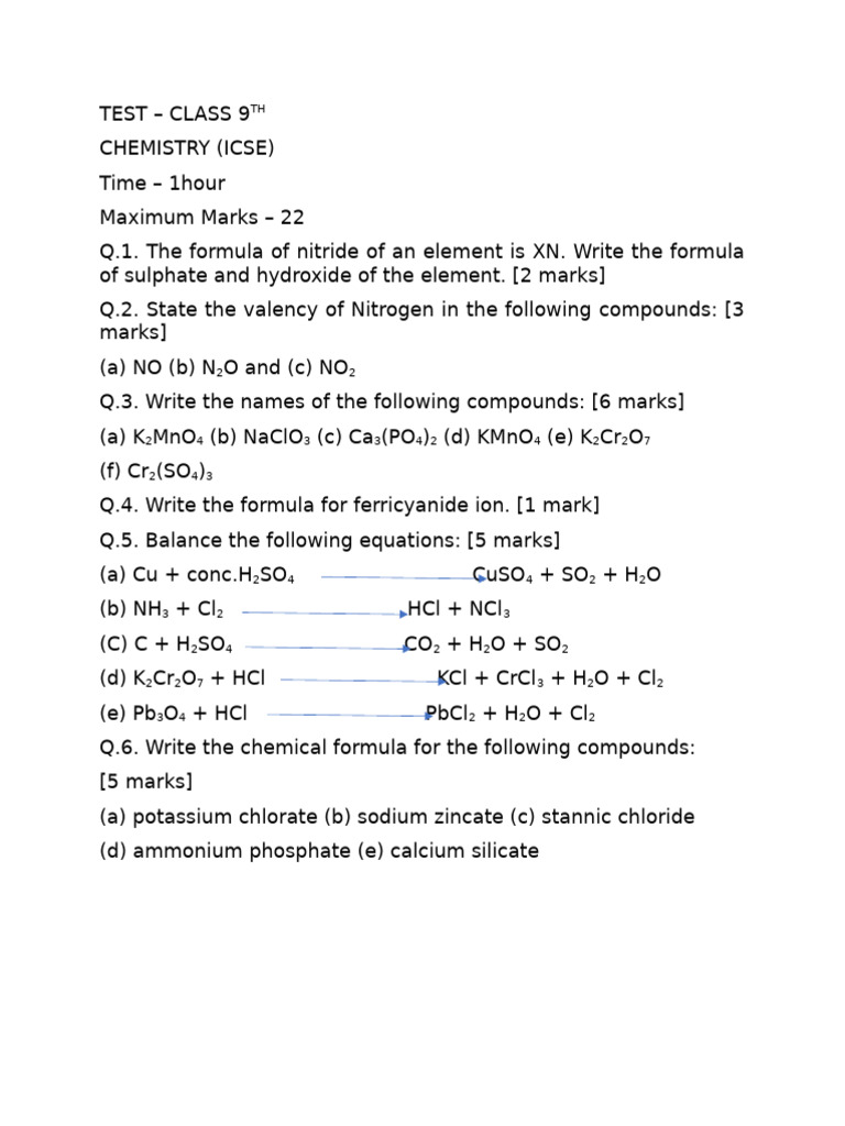 Test Icse Chemistry Class 9th | PDF