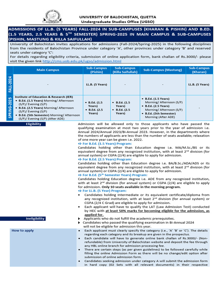 UOB Admission B Ed & LLB | PDF | Academic Degree