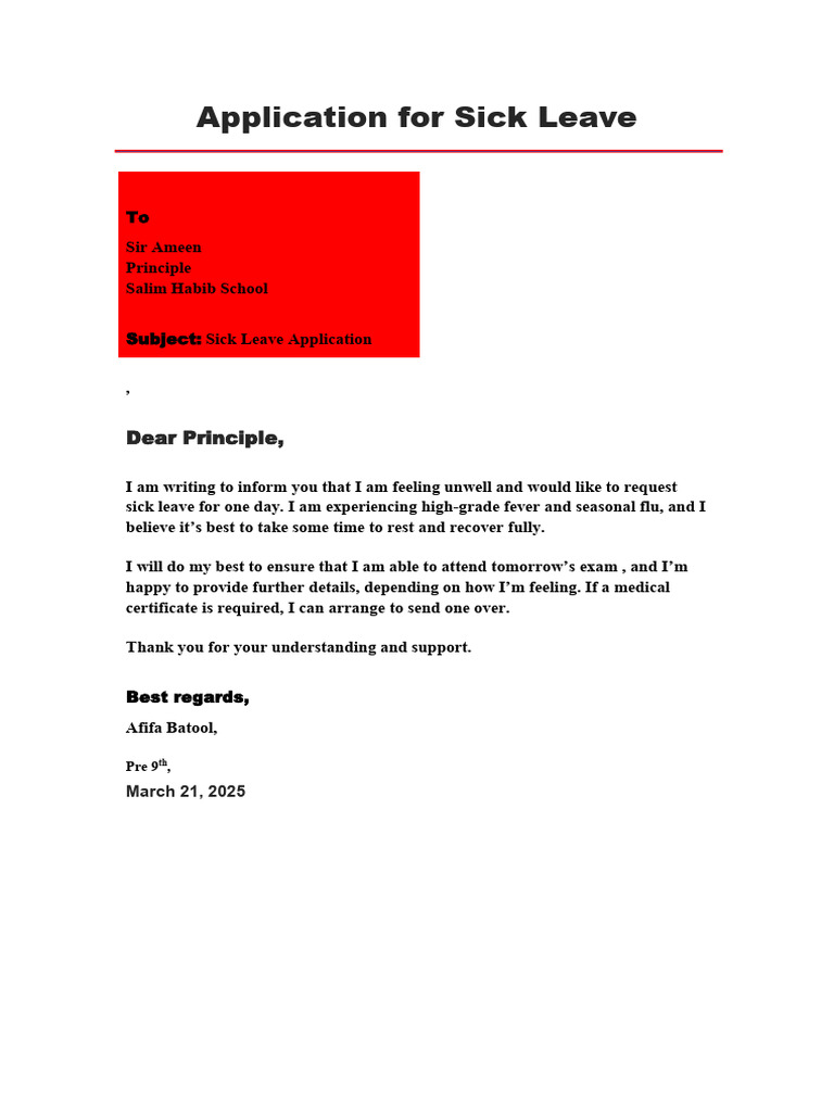 Sick Leave Application for One Day | PDF