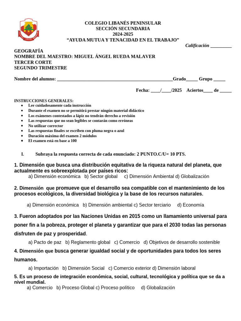 Examen de Geografía Secundaria 2024-2025 | PDF | Economias