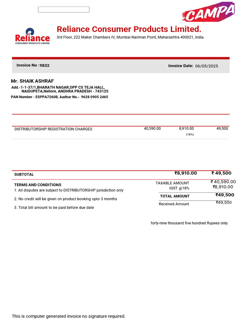 9832-Registration - Invoice - Mr. SHAIK ASHRAF | PDF