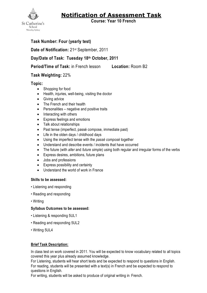 Year 10 French Assessment Notification | PDF