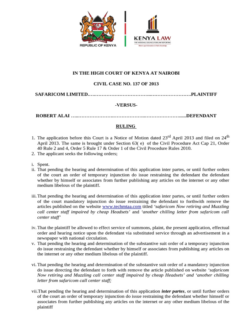 Safaricom Limited V Robert Alai 2014KEHC4256 (KLR) | PDF | Defamation | Injunction