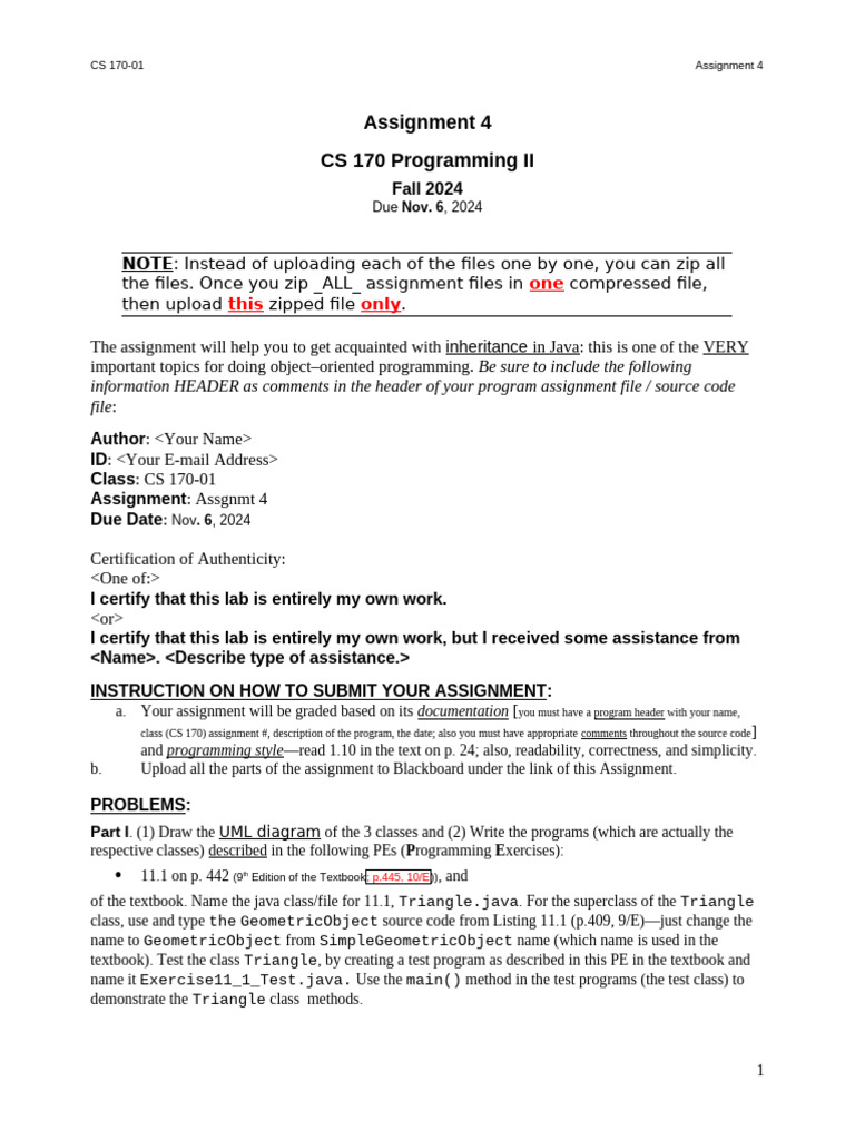 CS 170 - Fall 24 - Assn 4 Ch. 11 Inheritance-Polymorphysm | PDF | Java ...