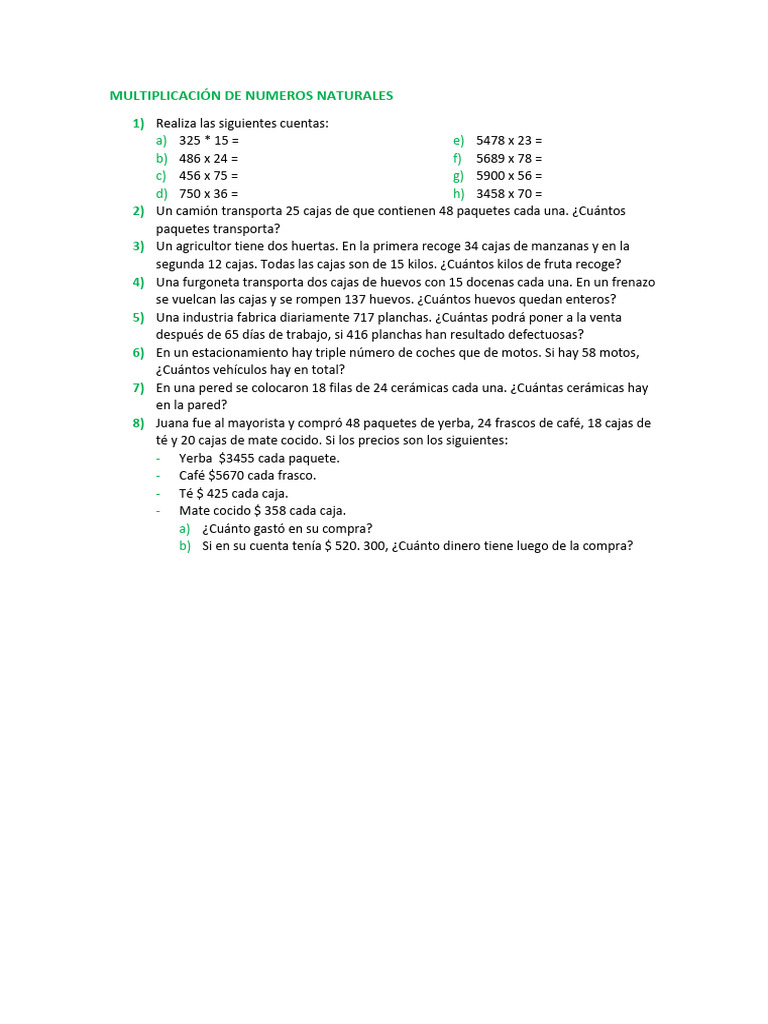 Multiplicaci-N de Numeros Naturales Problemas | PDF