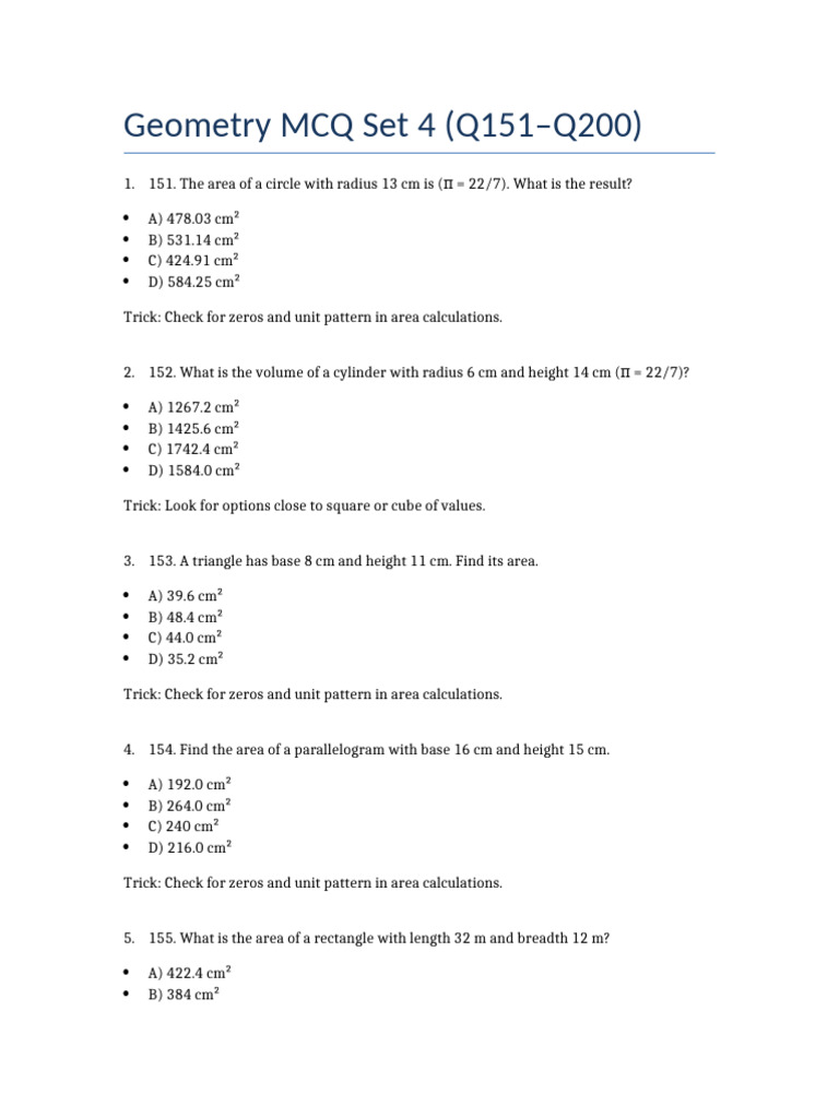 Geometry MCQs: Area & Volume Quiz | PDF | Area | Length