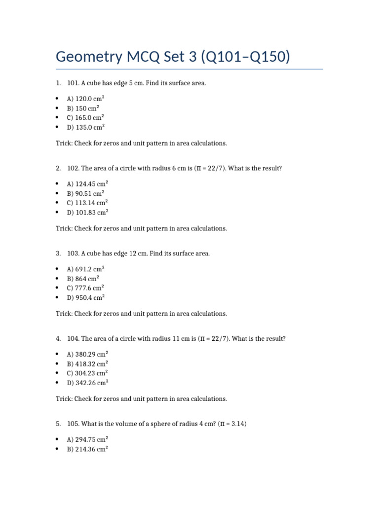 Geometry_MCQ_Set3_Q101_Q150 | PDF | Area | Volume