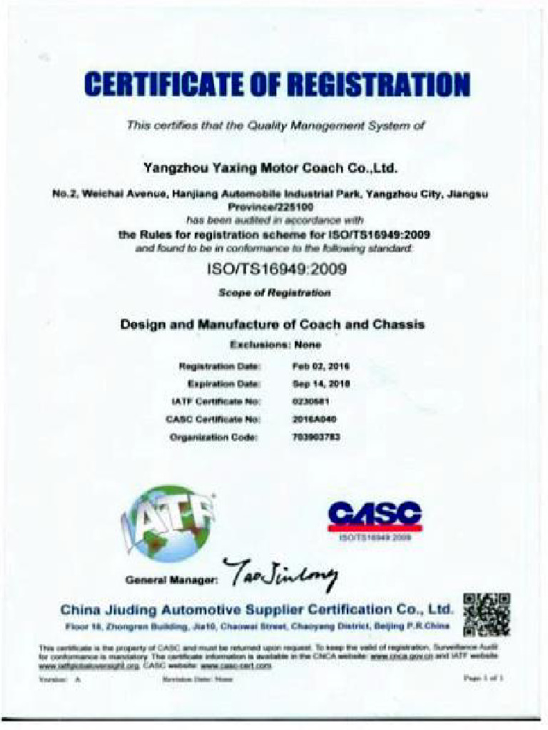 Yaxing Busess Certificate | PDF