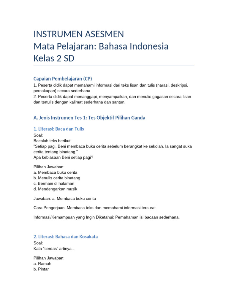 Strumen Asesmen Bahasa Indonesia Kelas 2 Completed Part | PDF