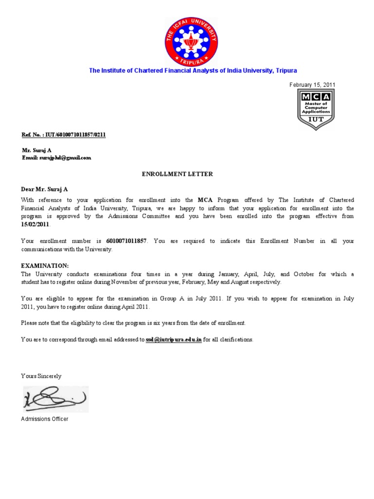 Enrollment Confirmation for MCA Program | PDF