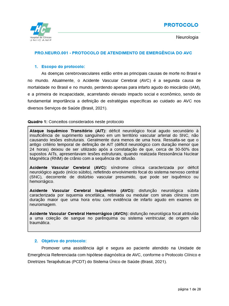 Protocolo Atendimento Emergencia AVC UNICAMP | PDF | AVC | Doenças e ...