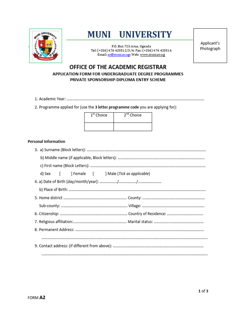 Muni University Undergraduate Application Form | PDF