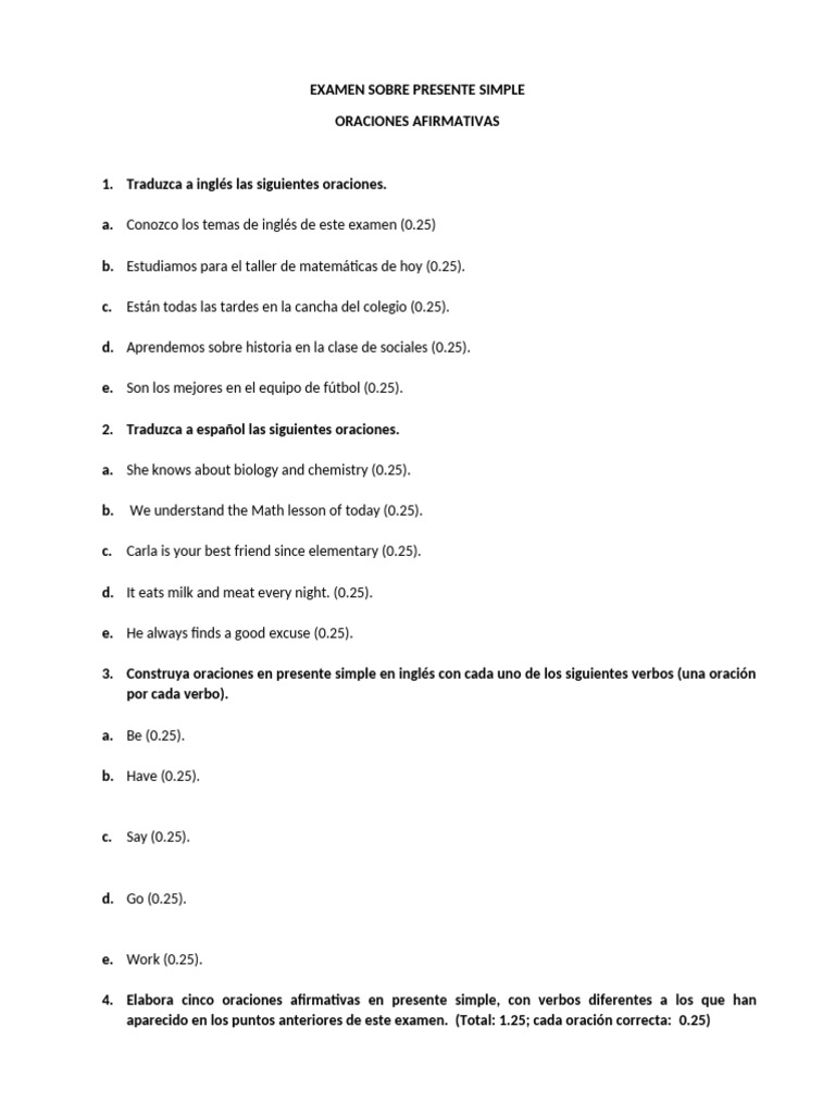 Examen de Presente Simple en Inglés | PDF