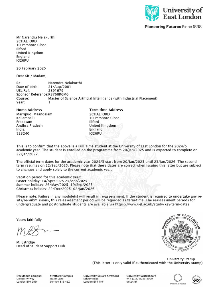 Narendra Nelakurthi - 2891679 Status Letter | PDF
