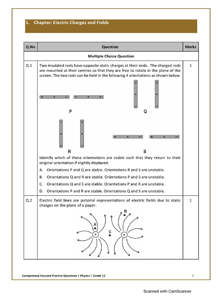 CBQ Worksheet Physics Class 12 Chapter1 | PDF