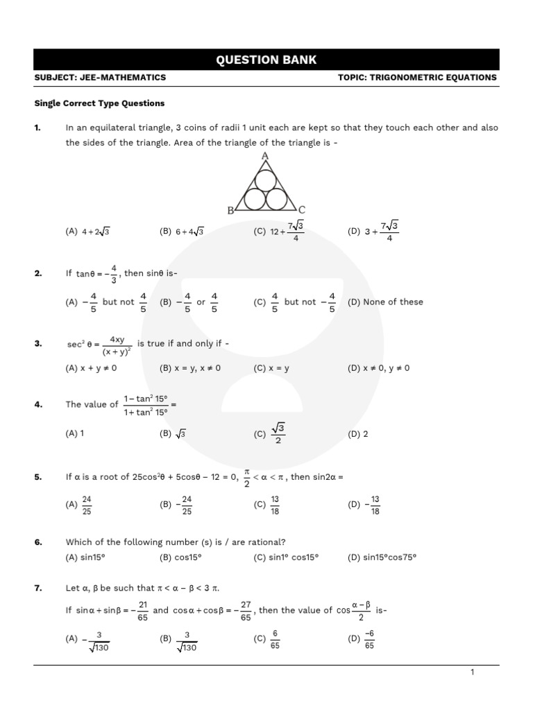 Trigonometric Equations, Compound Angles - Question Bank - SC | PDF ...