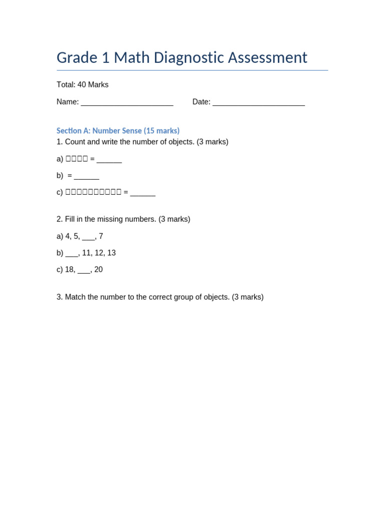 Grade 1 Math Diagnostic Assessment | PDF