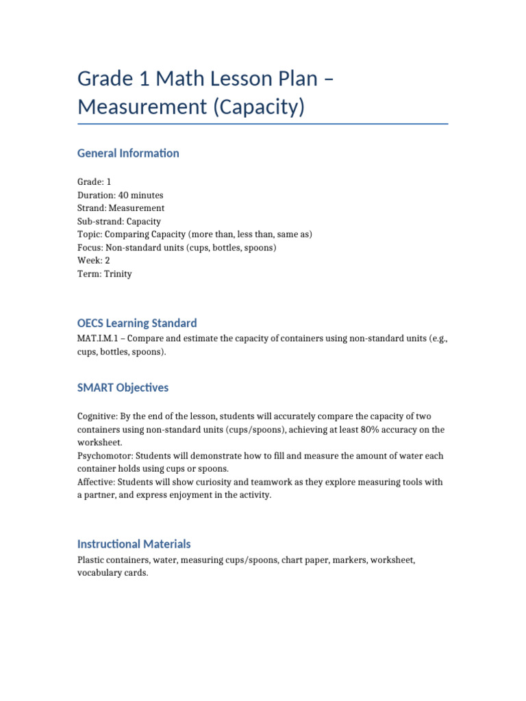 Grade 1 Math Lesson Capacity Lesson 2 | PDF