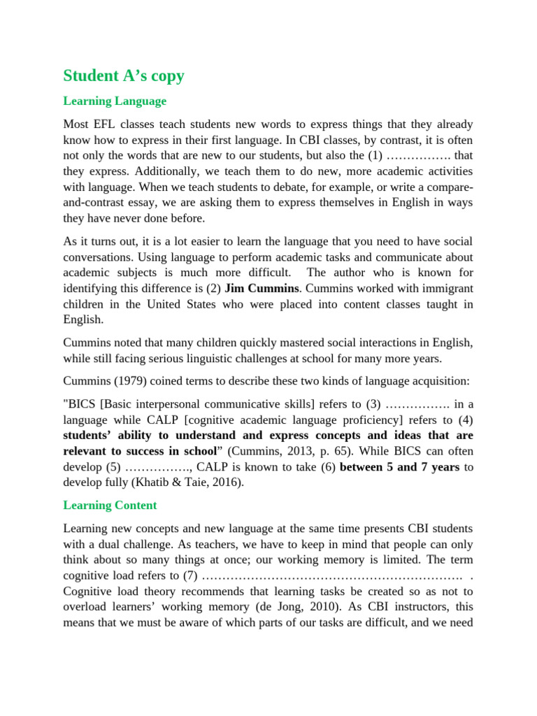 CBI - Worksheet - Student A | PDF | Communication | Learning