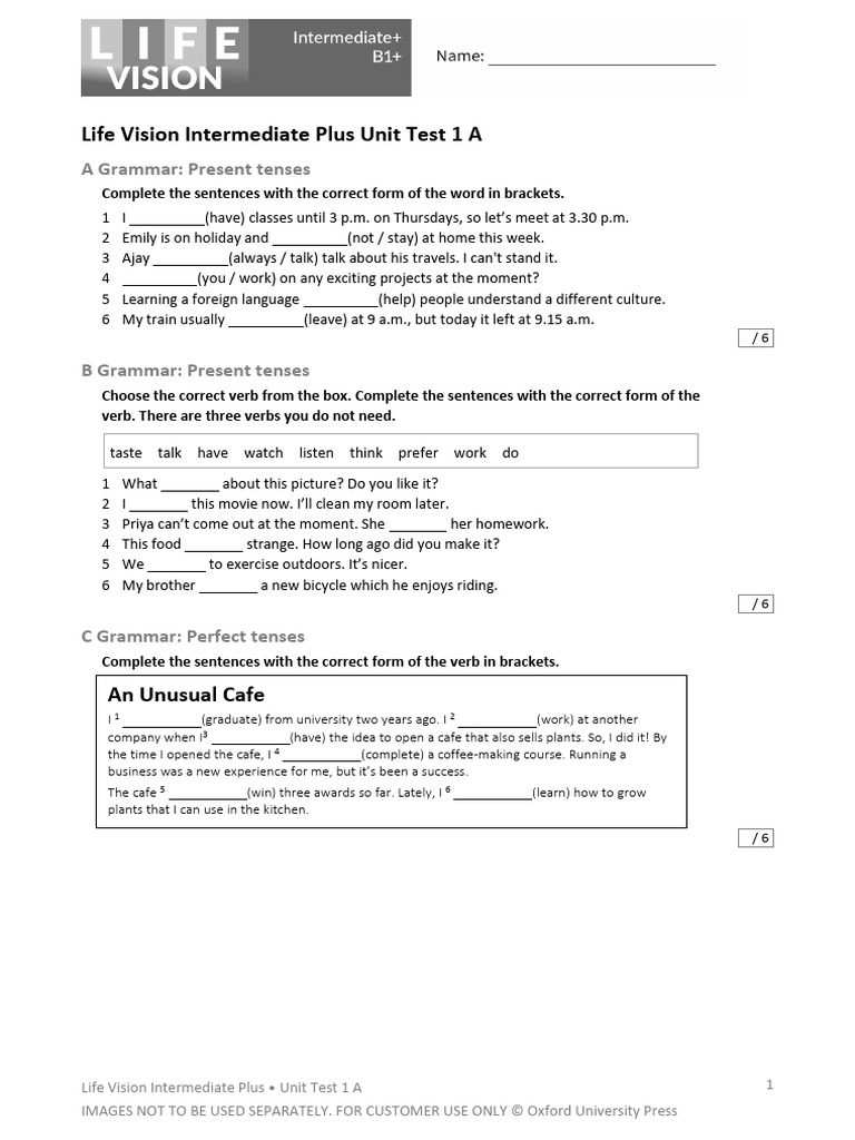 Life Vision Intermediate Plus Test 1 A | PDF | Vocabulary
