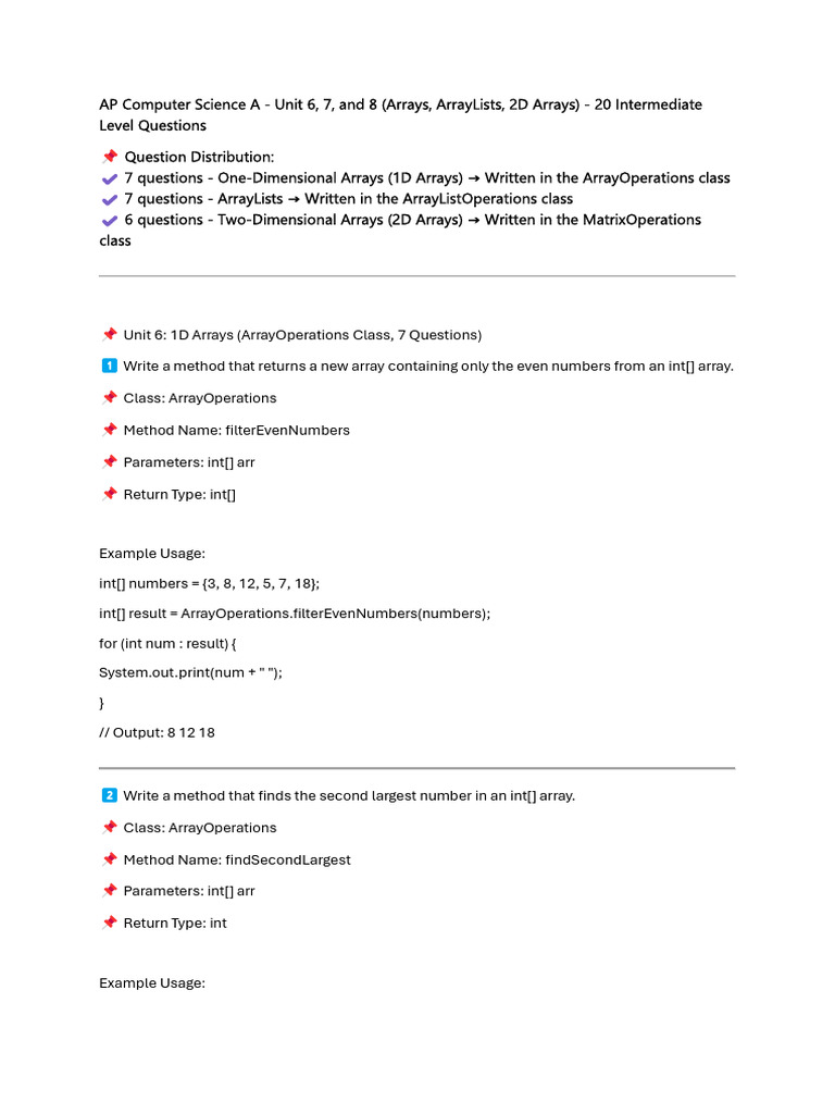 AP CS a Array Arraylist 2DArrays 20 Question Intermediate | PDF | Parameter (Computer ...