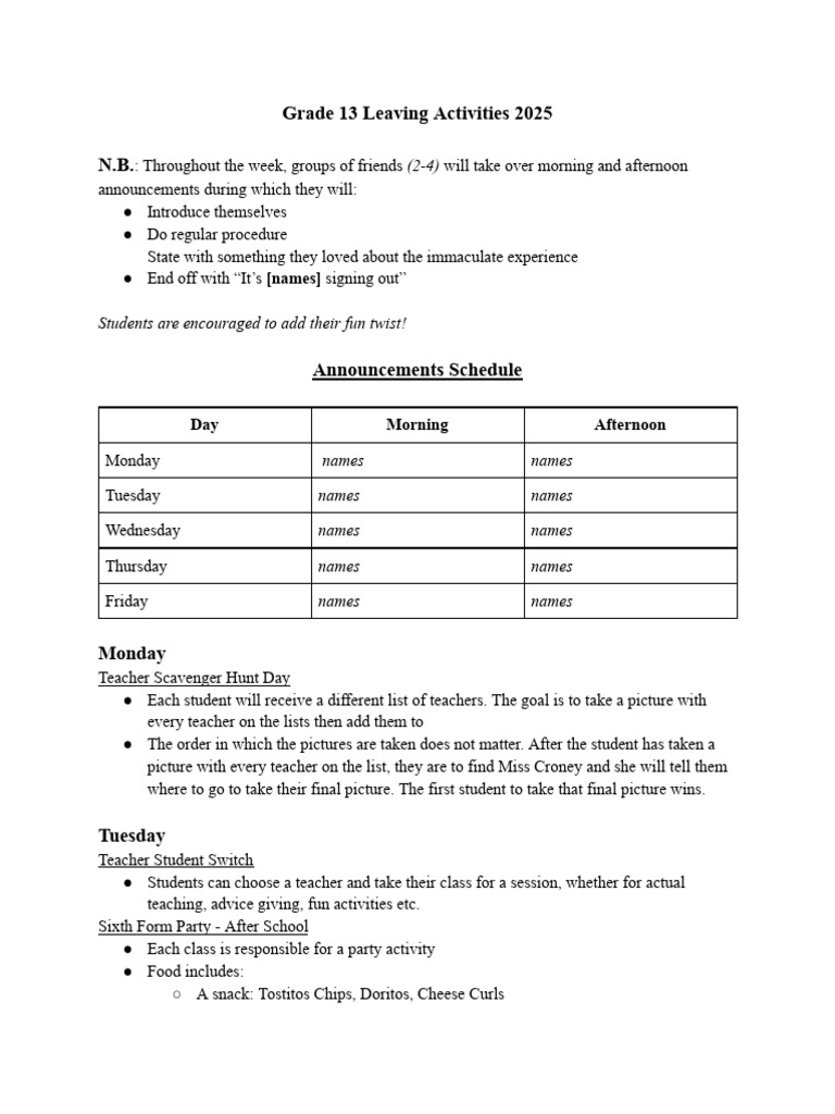 Grade 13 Leaving Activities 2025 Schedule | PDF