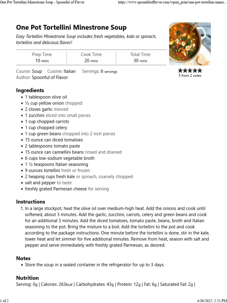 One Pot Tortellini Minestrone Soup - Spoonful of Flavor | PDF | Cooking ...