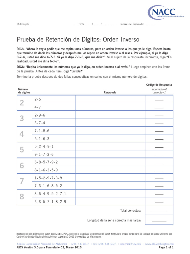 Digit Span Backwards - Spanish | PDF