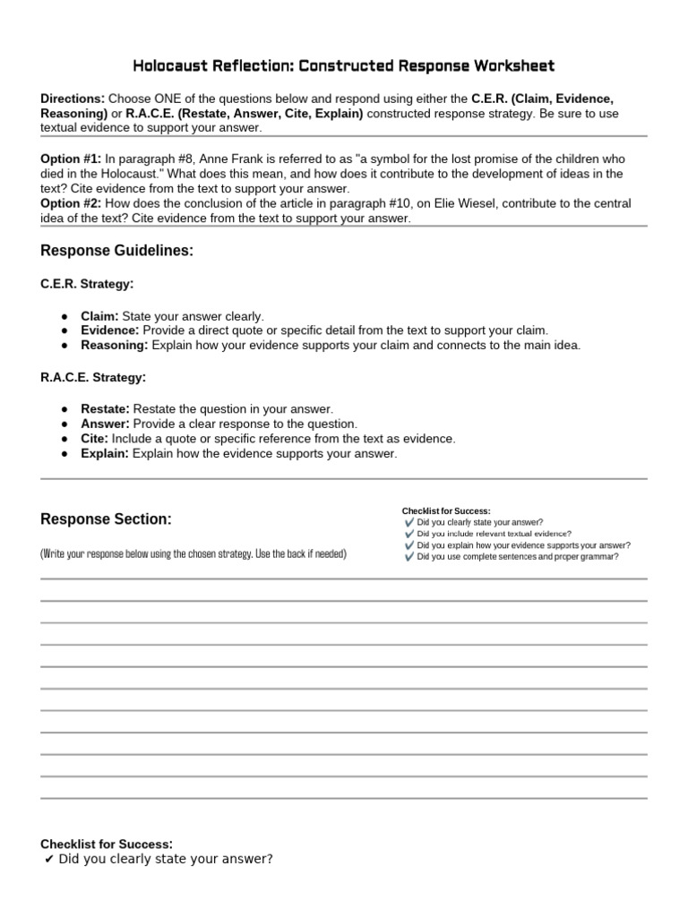 Holocaust Reflection_ Constructed Response Worksheet | PDF
