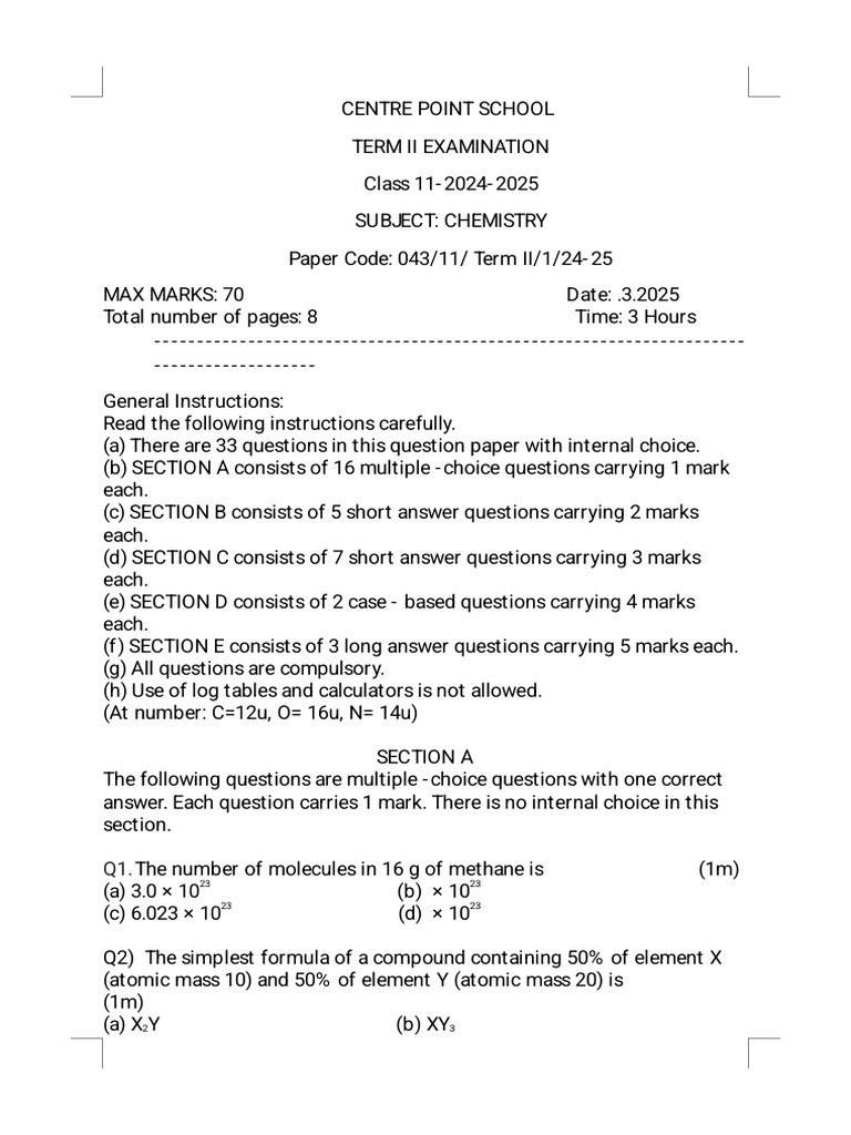 QP Class 11 Chemistry Term 2 - 2024-25 - Paper 1 | PDF | Chemistry ...