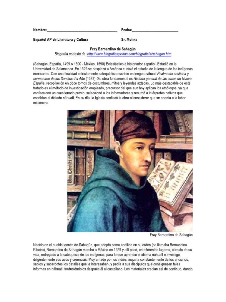Biografía de Fray Bernardino de Sahagún | PDF